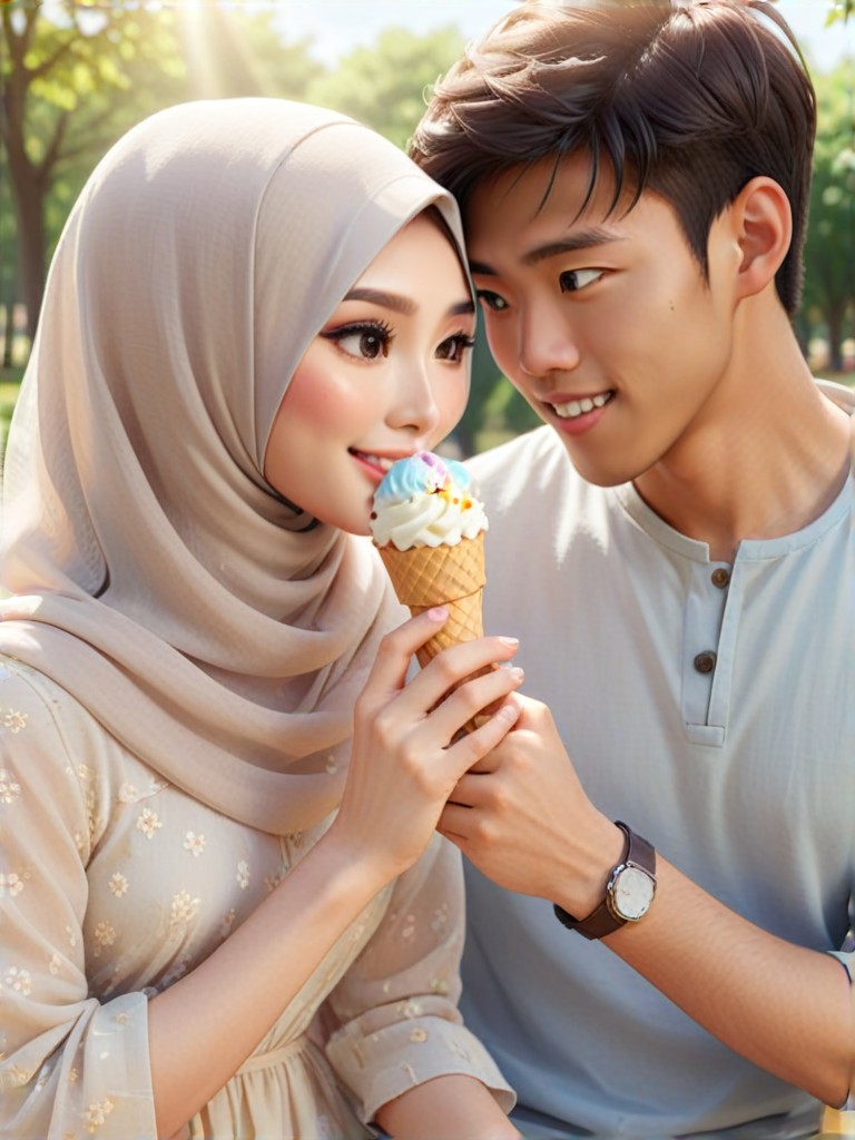 Romantic Muslim Couple Sharing Ice Cream - 3D Design Art Converter | a1.art